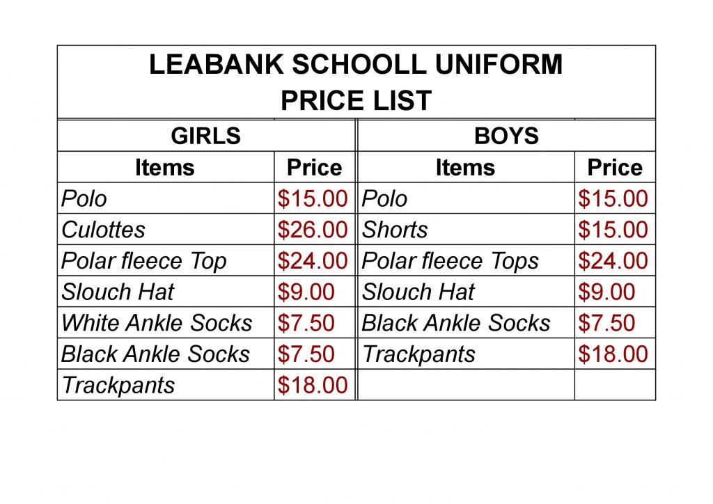 SCHOOL UNIFORM PRICE LIST 2022 – Leabank Primary School